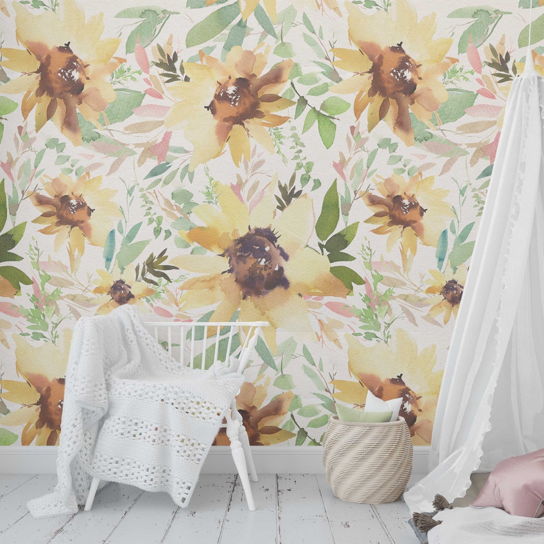 REMOVABLE WALLPAPER Sold by the Panel - SUNFLOWERS Watercolor Wallpaper ...