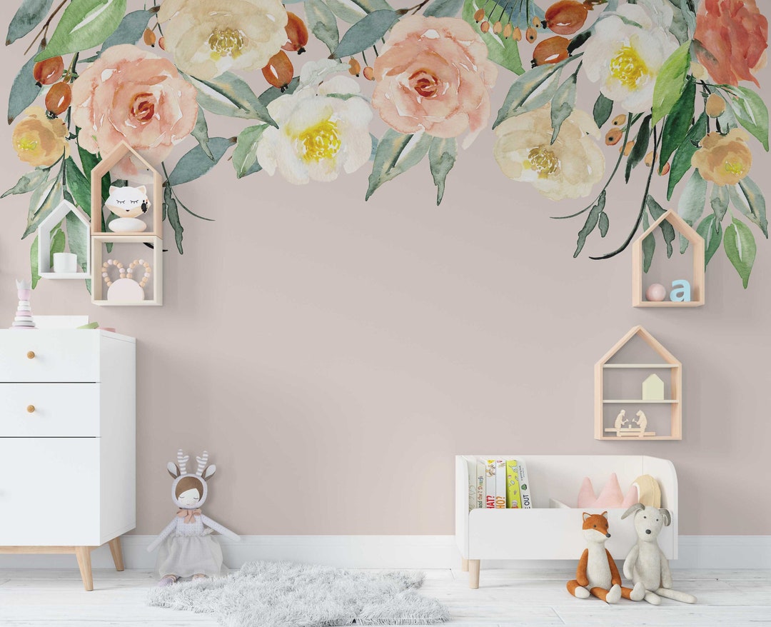 Wall Decal BORDER Coral Pink Yellow Watercolor ROSES MAEGAN Floral ...