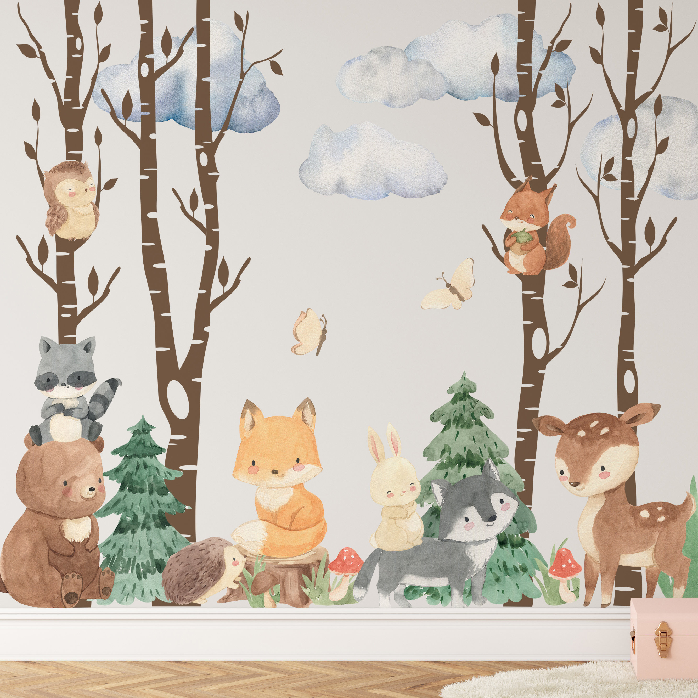 Woodland Wall Decals 4 Birch Trees 2 Pine Trees 9 Animals Clouds Grass ...