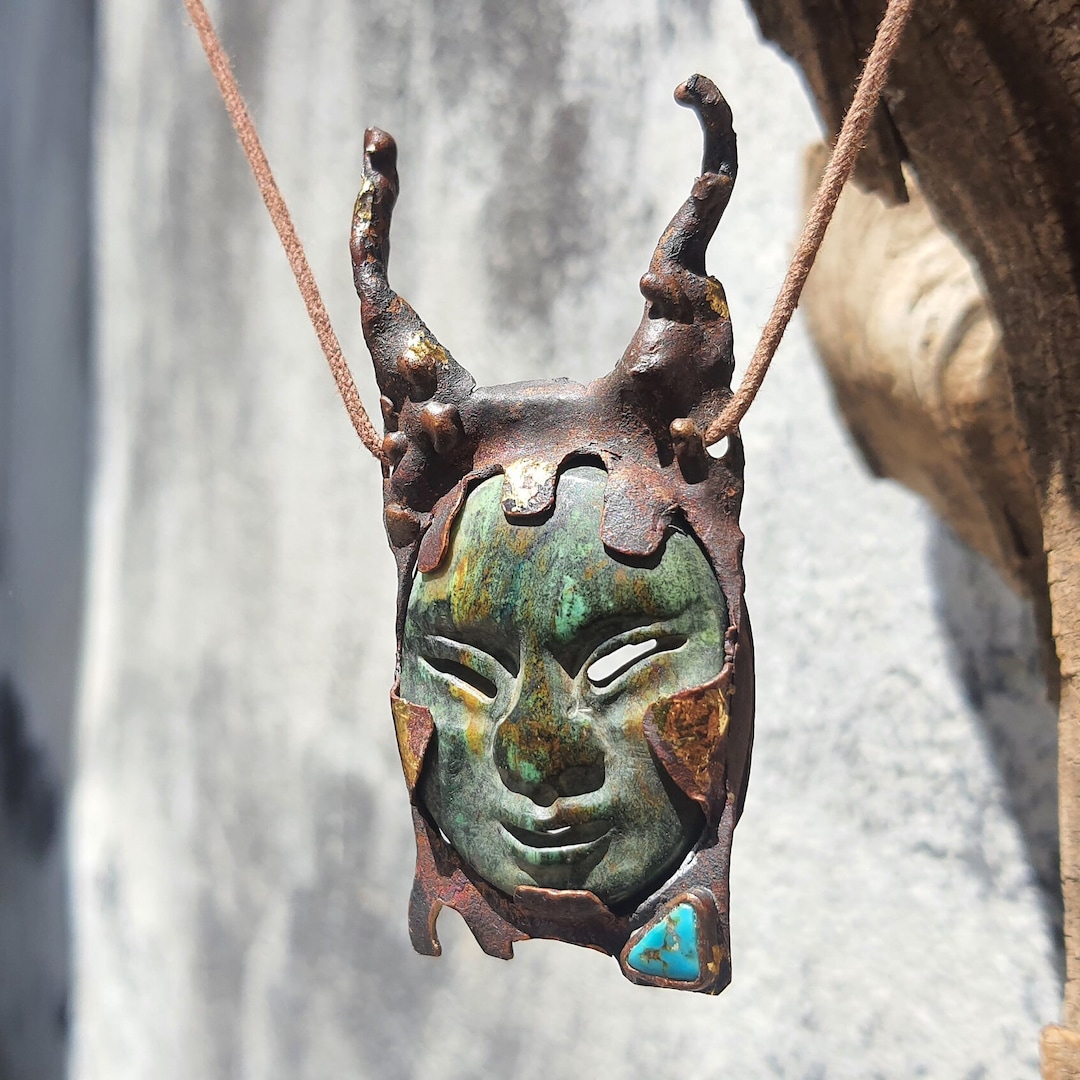 Shaman Mask Necklace, Copper, Copper Stone and Turquoise Necklace, Mask ...