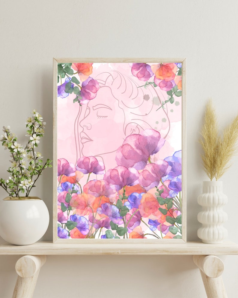 Female and Flower Line Art Woman Wall Art Print Instant - Etsy