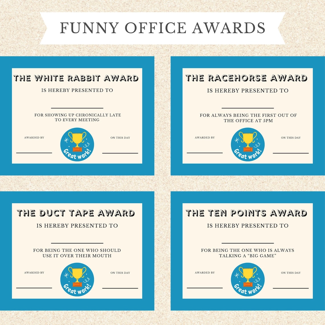 Funny Office Coworker Awards, Funny Employee Award Printable Bundle ...