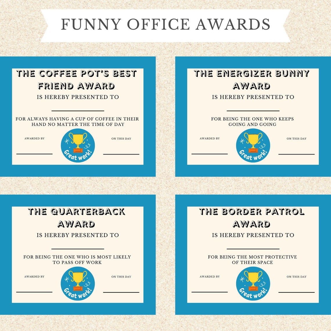 Funny Office Coworker Awards, Funny Employee Award Printable Bundle ...