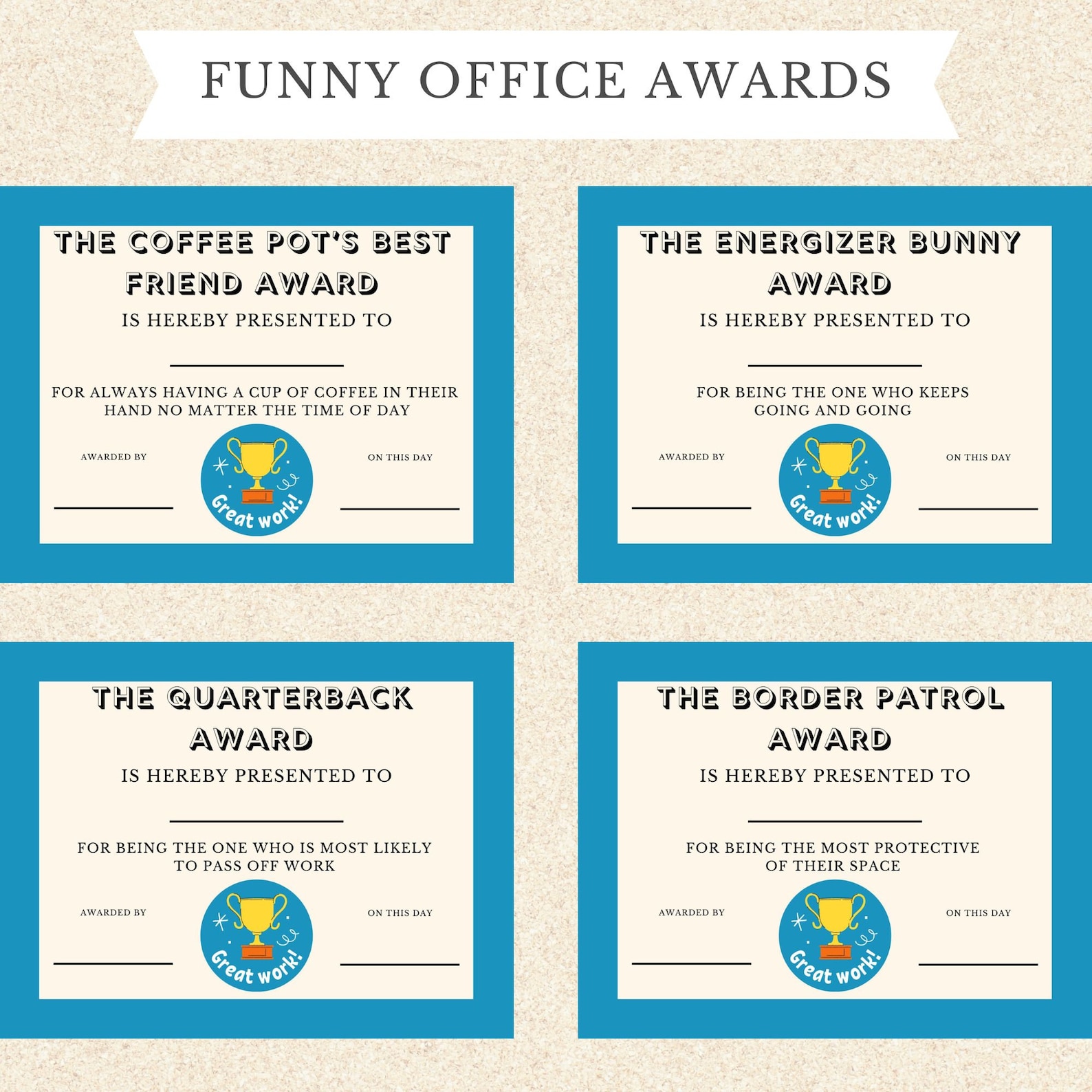 Funny Office Coworker Awards, Funny Employee Award Printable Bundle ...