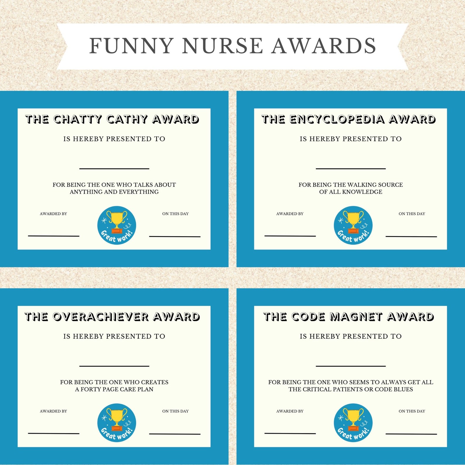 Funny Nurse Coworker Awards, Funny Nurse Award Printable Bundle, Funny ...