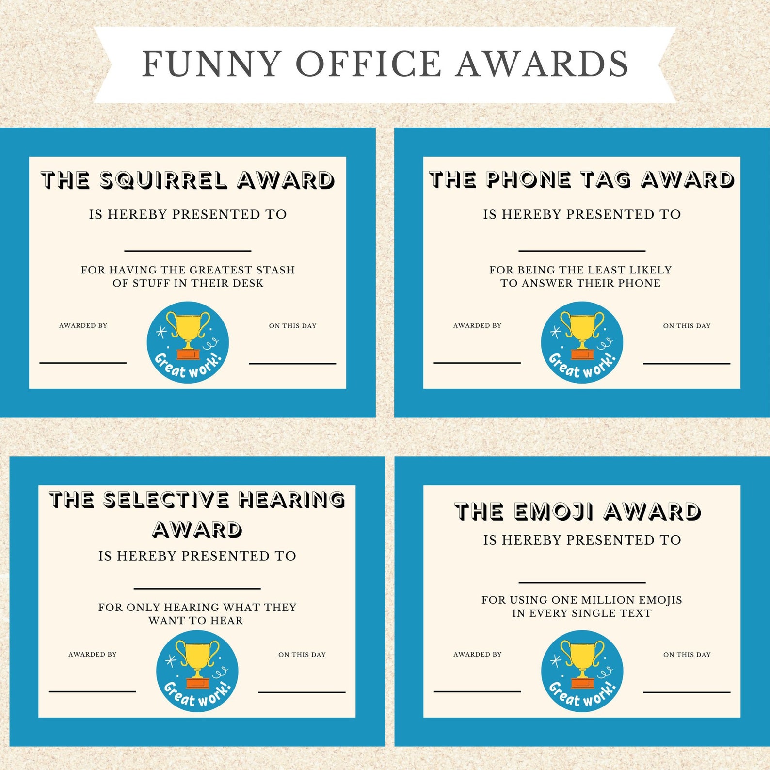 Funny Office Coworker Awards, Funny Employee Award Printable Bundle ...
