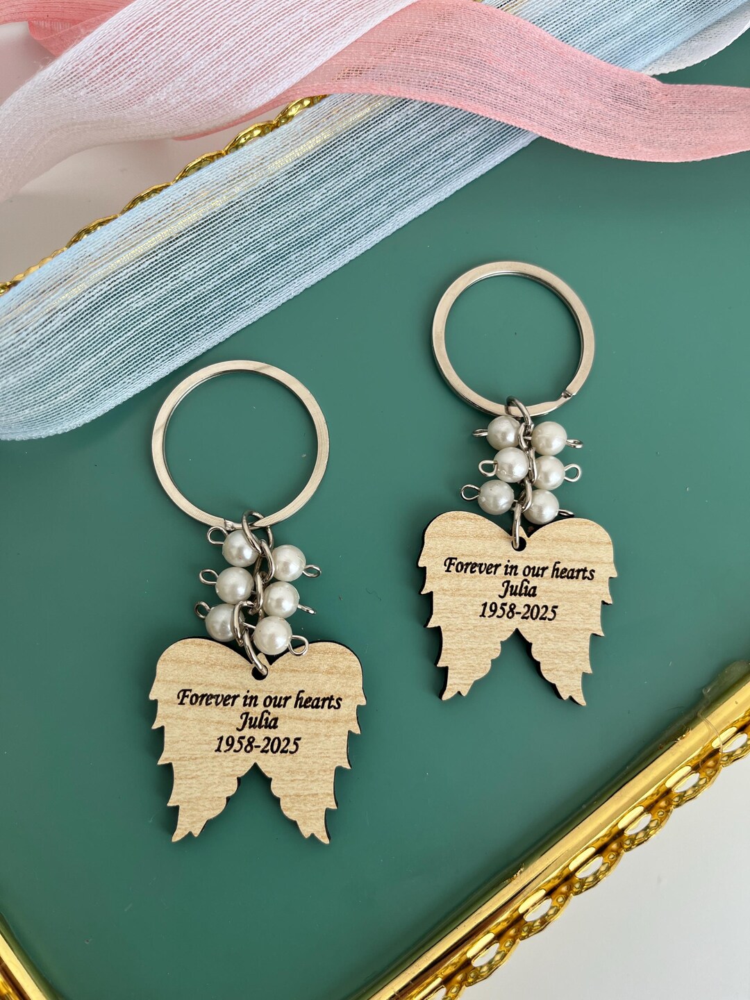Personalized Memorial Keychain Favors: Wood Angel Wings, Pearl Accent ...