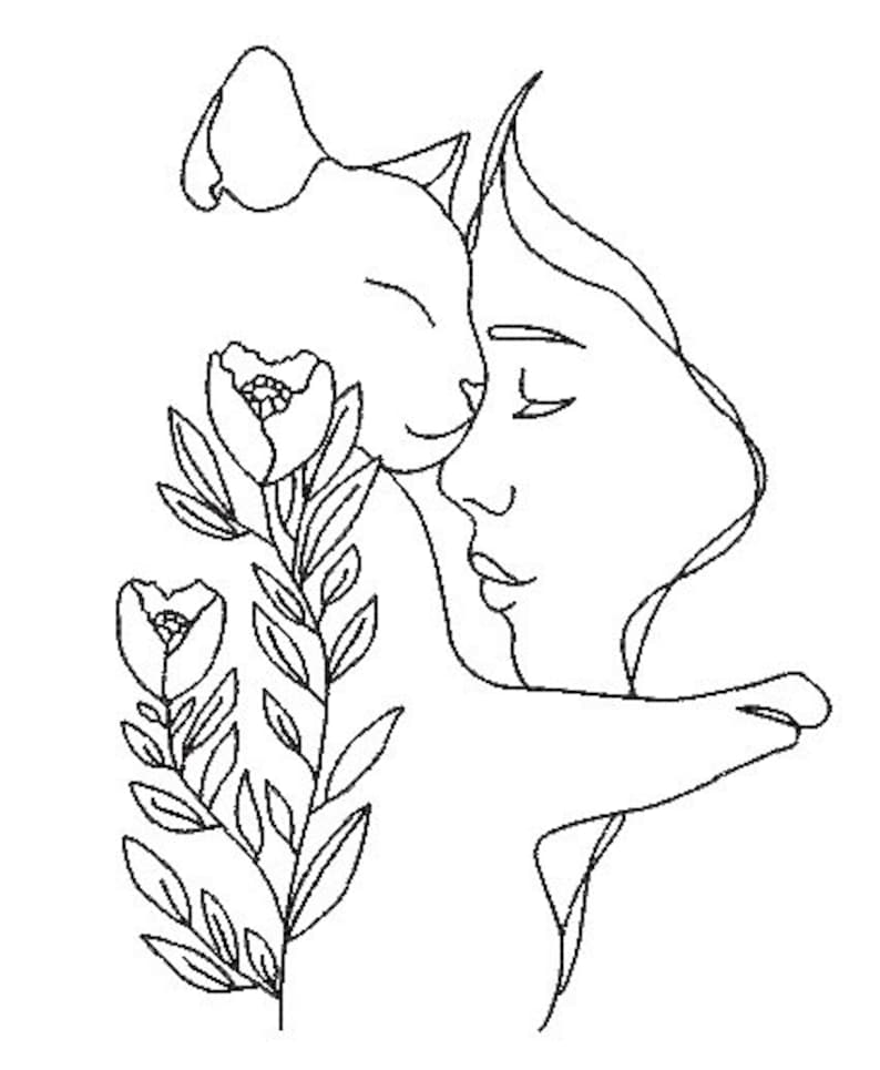 Girl and Floral Cat Embroidery Design, Animal Embroidery Design, Cat ...