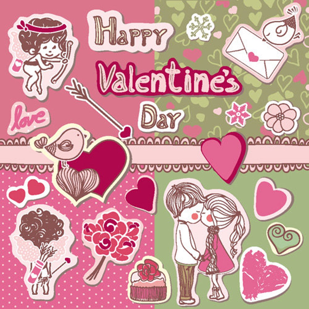 Set of 3 Cute Vintage Valentine's Illusrtation Set, Clipart , Instant ...