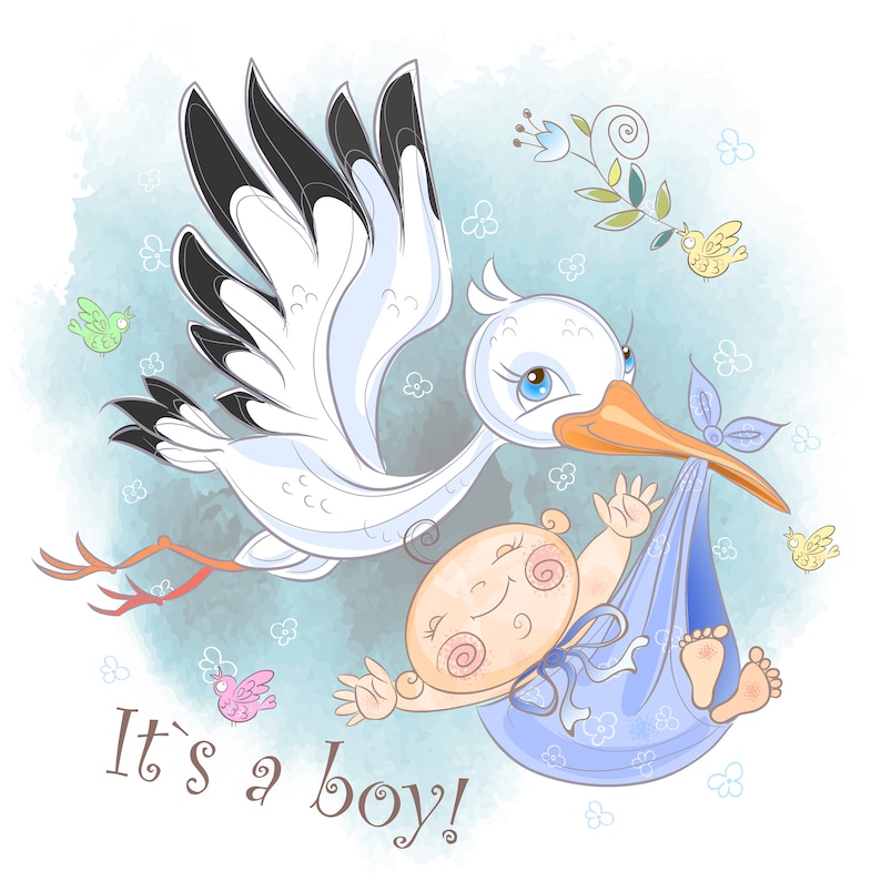 Set of 4 - Baby Boy Announcement Illustration ,stork , Clipart ...