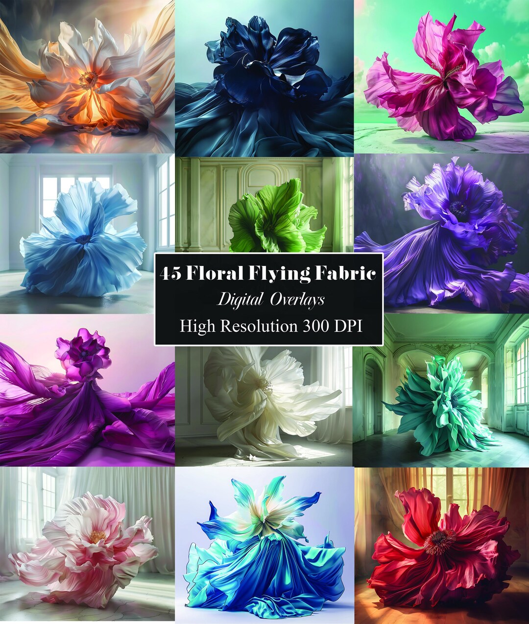 Set of 45 Beautiful Flowy Flower Fabric Photo Overlays, Fabric ...