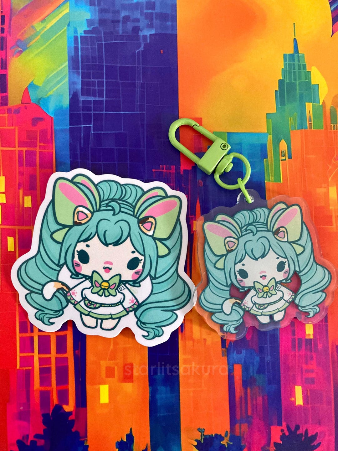 Hatsune Miku Calico Catgirl Chibi Vinyl Sticker + Acrylic Keychain ...