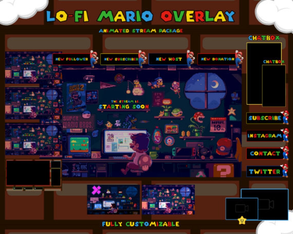 Lofi Fully Animated Super Mario Streaming Overlays *includes 5 Screens ...