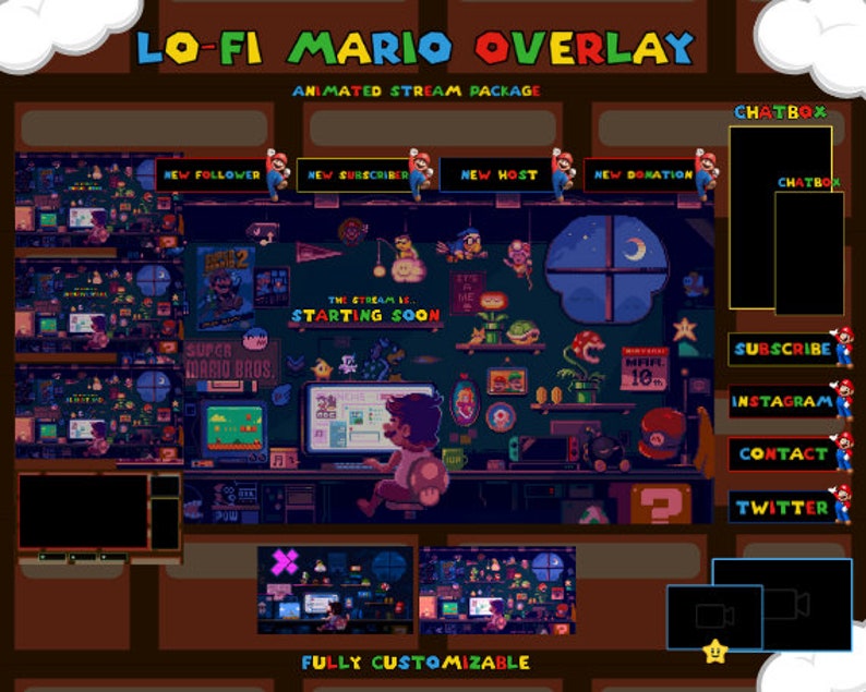 Lofi Fully Animated Super Mario Streaming Overlays *includes 5 Screens ...