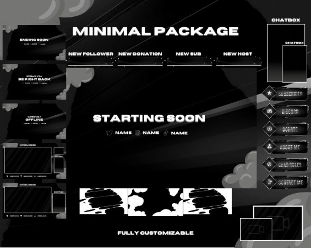 Fully Customizable Cool Black Streaming Overlays includes 6 Screens, 6 ...