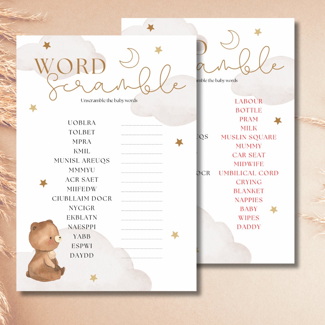 Teddy Bear Baby Shower Baby Word Scramble Game | Instant Download ...