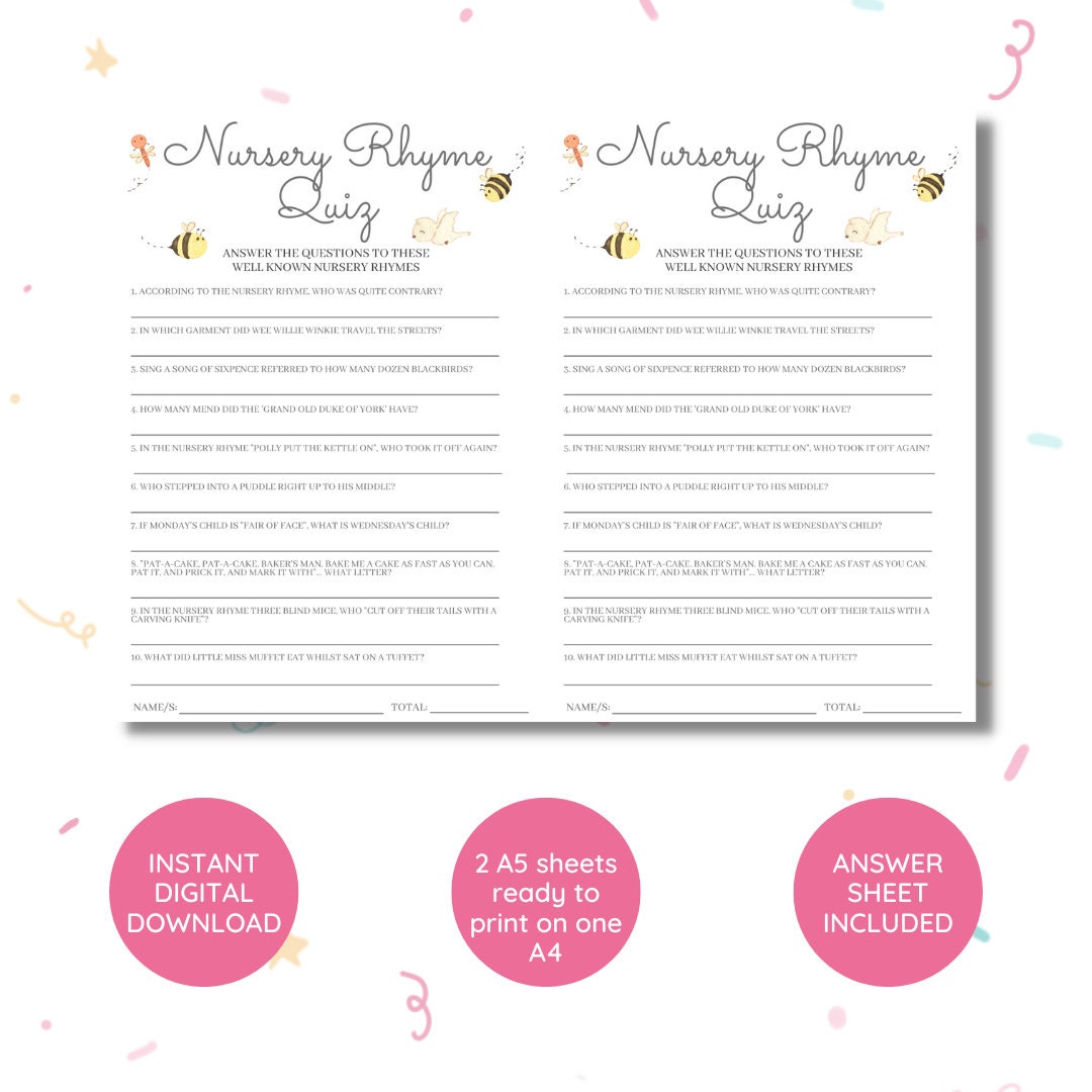Teddy Bear Nursery Rhyme Quiz Printable Game | Instant Download | Print ...