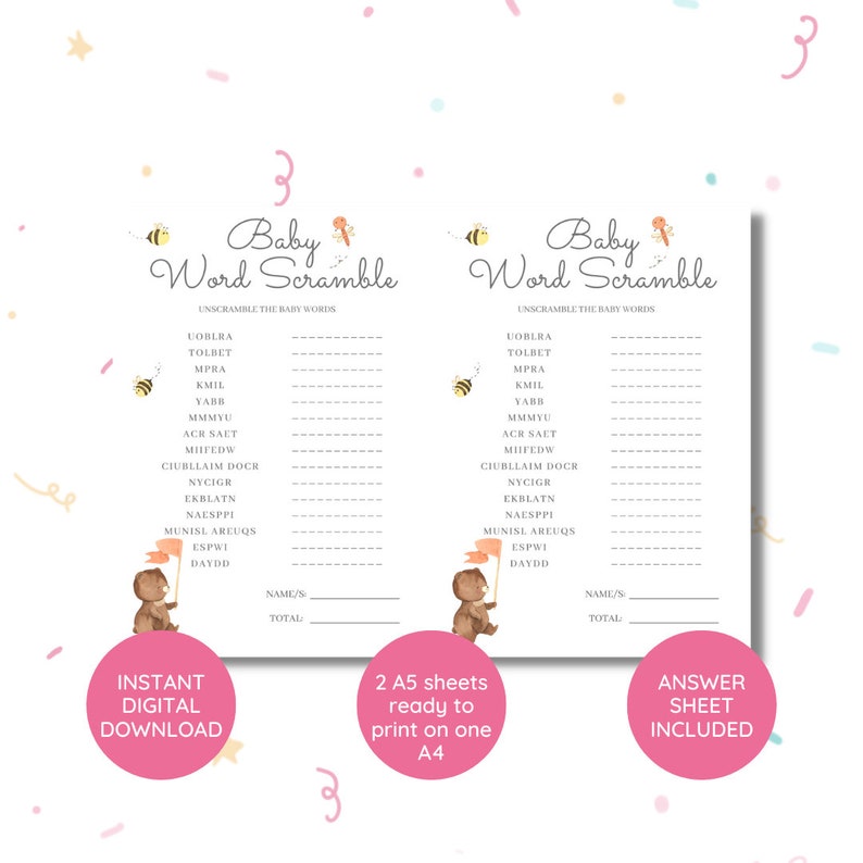 Teddy Bear Baby Shower Word Scramble Printable Game | Instant Download ...