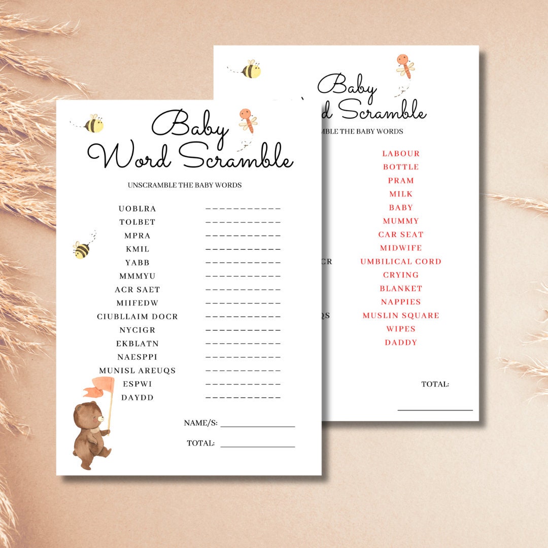Teddy Bear Baby Shower Word Scramble Printable Game | Instant Download ...