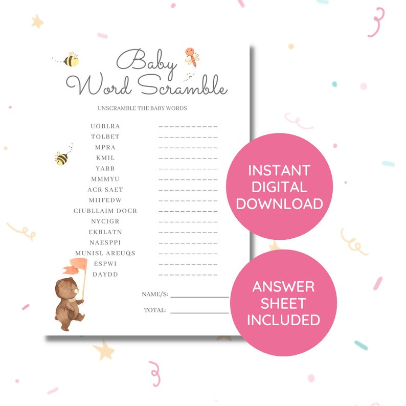 Teddy Bear Baby Shower Word Scramble Printable Game | Instant Download ...