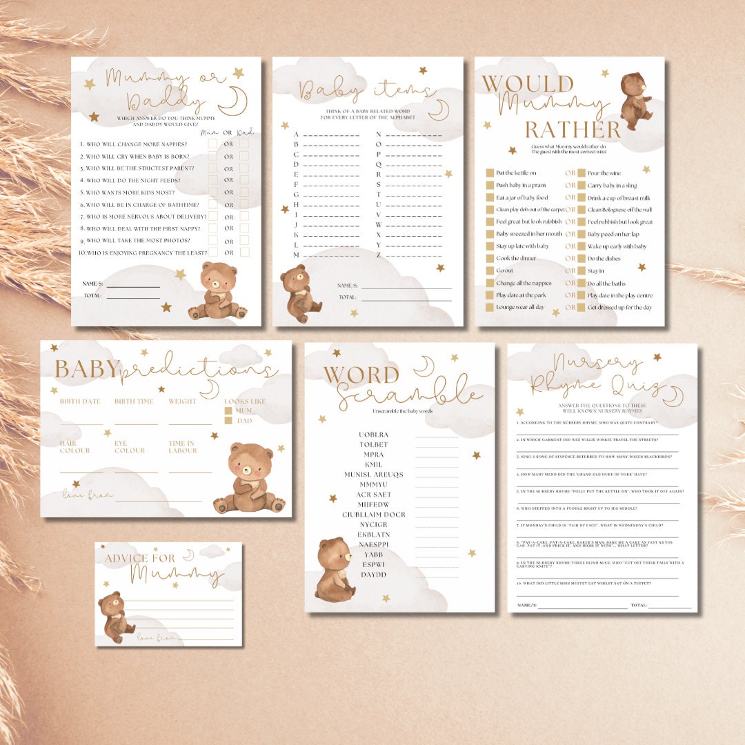 Teddy Bear Baby Shower Games | 7 Activity Games Included | Instant ...