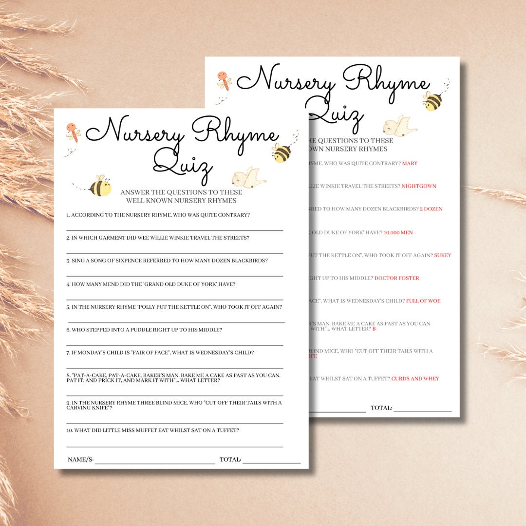 Teddy Bear Nursery Rhyme Quiz Printable Game | Instant Download | Print ...
