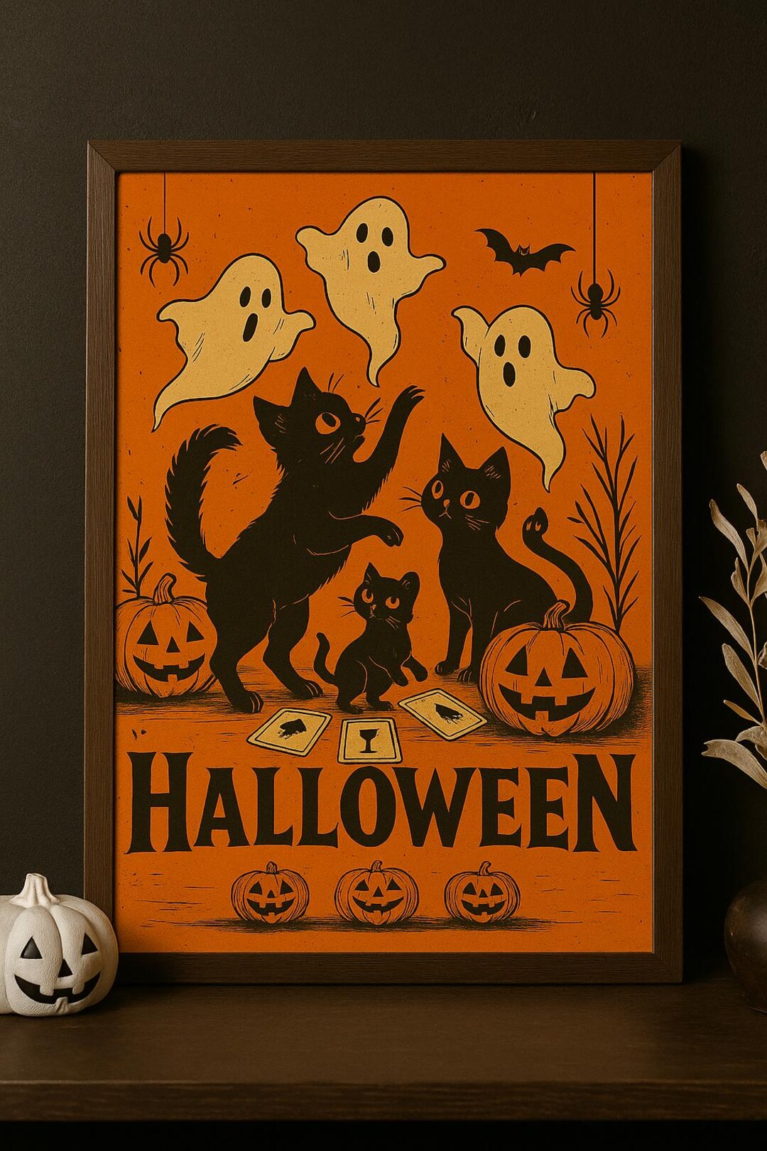 Halloween Black Cat Ghost Poster Gift | Vintage Spooky Wall Art | Trick ...