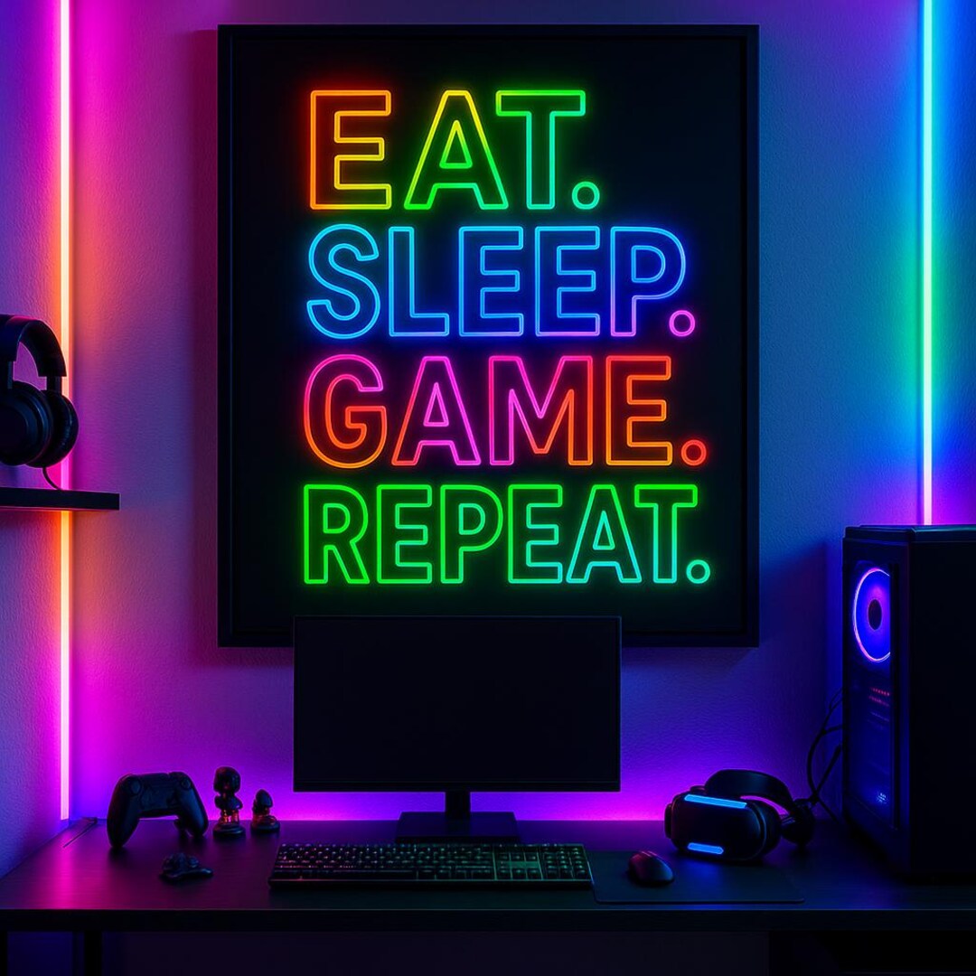 Gaming Decor Gift, Gamer Posters, Gamer Wall Art, Neon Poster, Eat ...