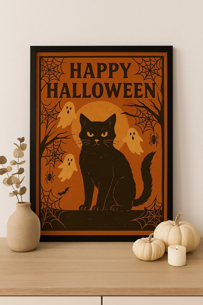 Vintage Halloween Black Cat Poster: Spooky Ghosts and Pumpkins (PDF ...