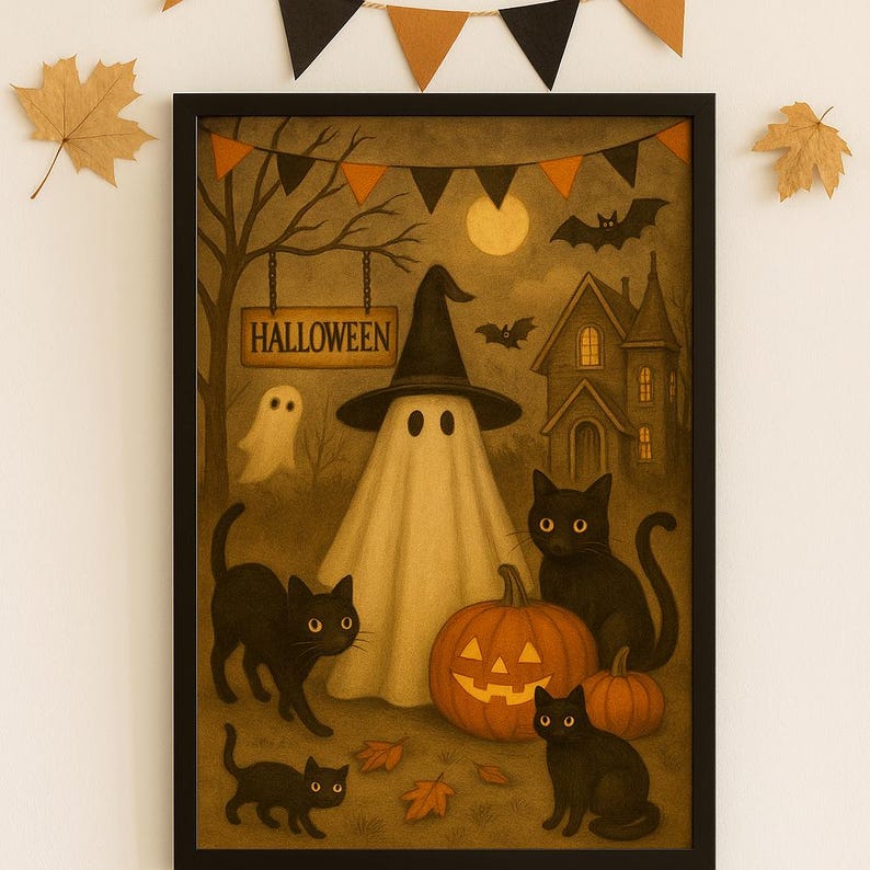 Helloween Printable, Retro Halloween Cat Ghost Poster: Vintage Spooky ...