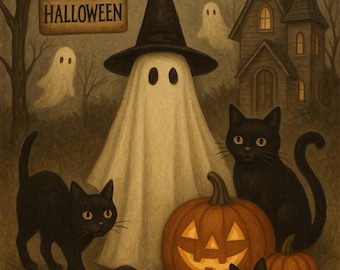 Helloween Printable, Retro Halloween Cat Ghost Poster: Vintage Spooky ...