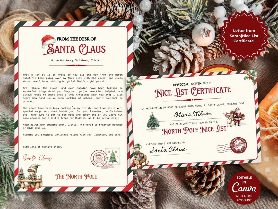 Santa Letter & Nice List Certificate Set (digital Download) - Etsy