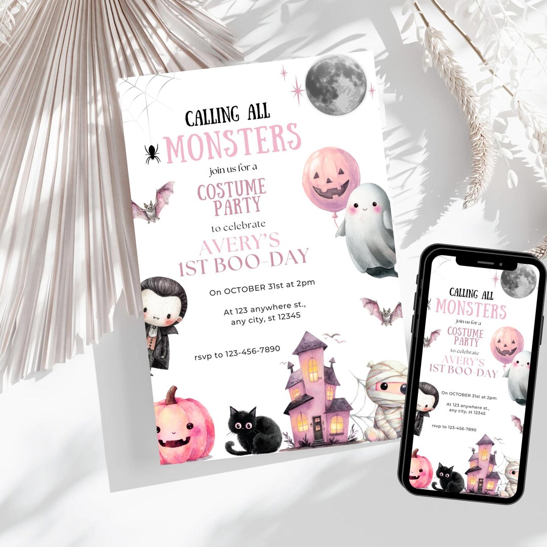 Pink Calling All Monsters Birthday Invitation,halloween Birthday Invite ...