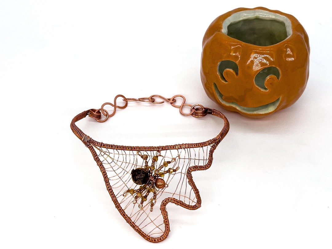Asymmetrical Copper Wire Wrapped Spider Web Choker Necklace, Halloween ...