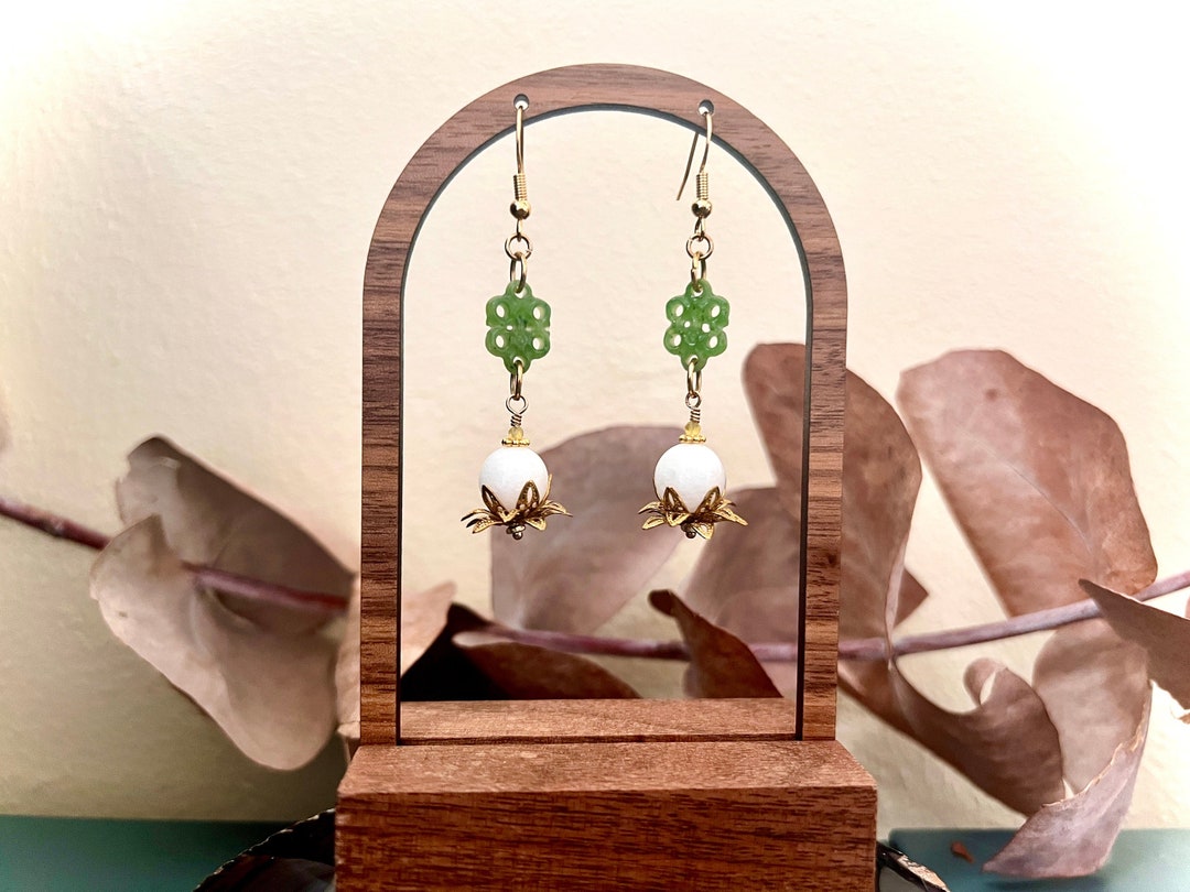 Carved Jade Endless Knot & Lotus Flower Earrings - Etsy