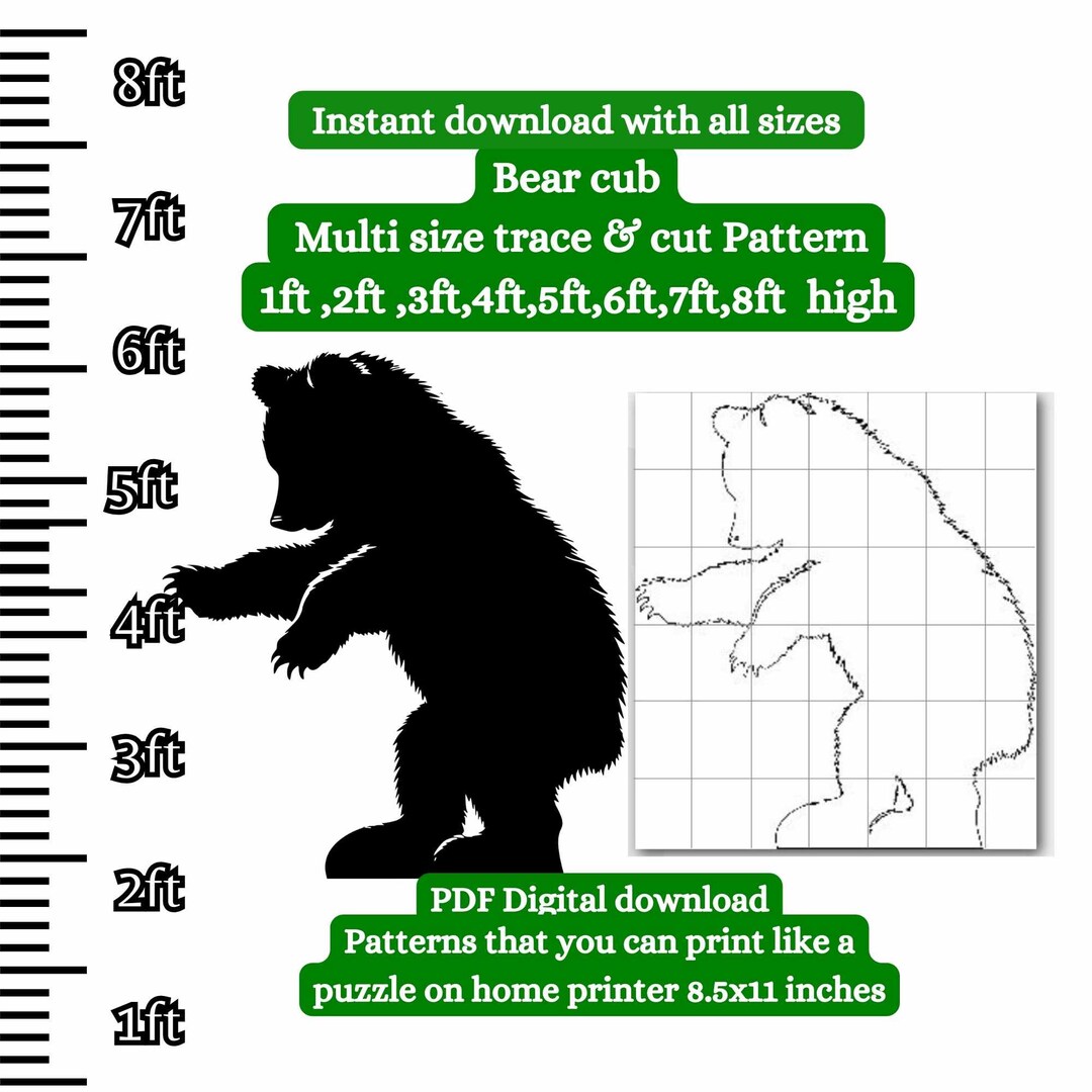 Life Size 1ft to 8ft High Bear Cub Silhouette Printable Trace and Cut ...