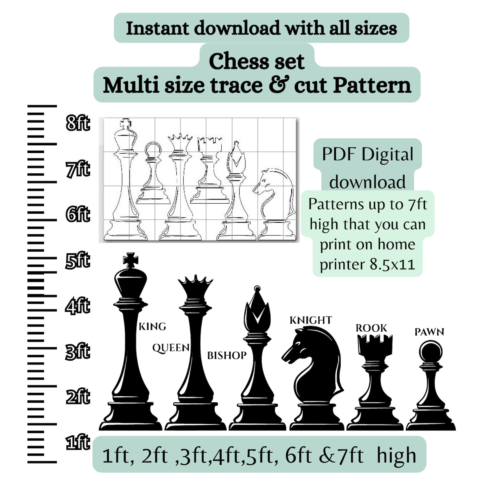 Giant DIY Chess Pieces, Template ,printable Trace and Cut, 3ft, 4ft ...