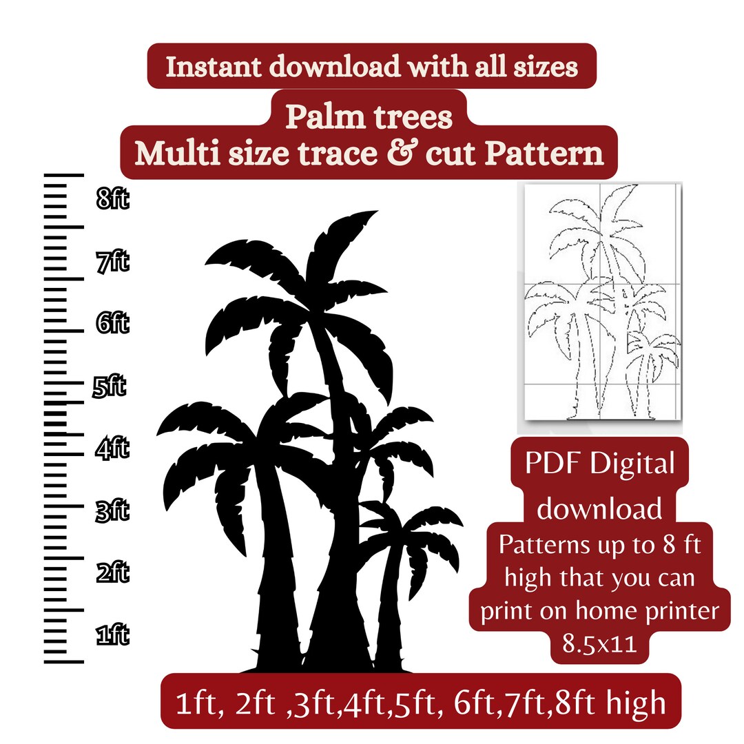 1-7ft 8ft Palm Tree Silhouette PDF Template ,printable Trace and Cut ...