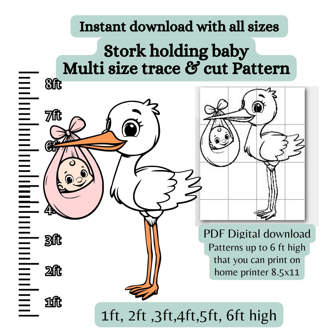 Stork Holding Baby ,pdf Trace and Cut Pattern, Digital Stencil, Baby ...