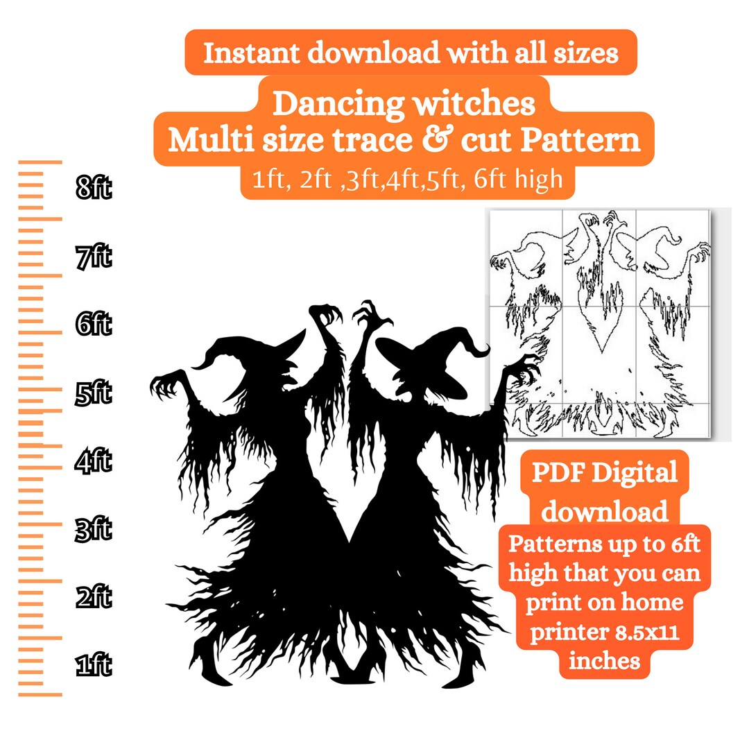 Witches Dancing Grave , Halloween Silhouette Template, Yard Art Pdf ...