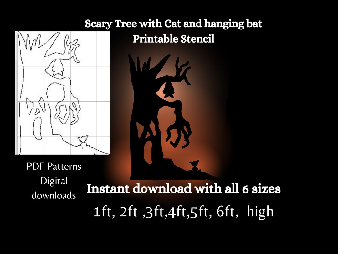 Halloween Silhouette Scary Tree Template, Tree Face Silhouette Pattern ...