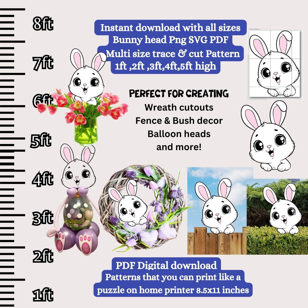 2ft 3ft 4ft 5ft Life Size Cute Easter Bunny PDF Template ,printable ...