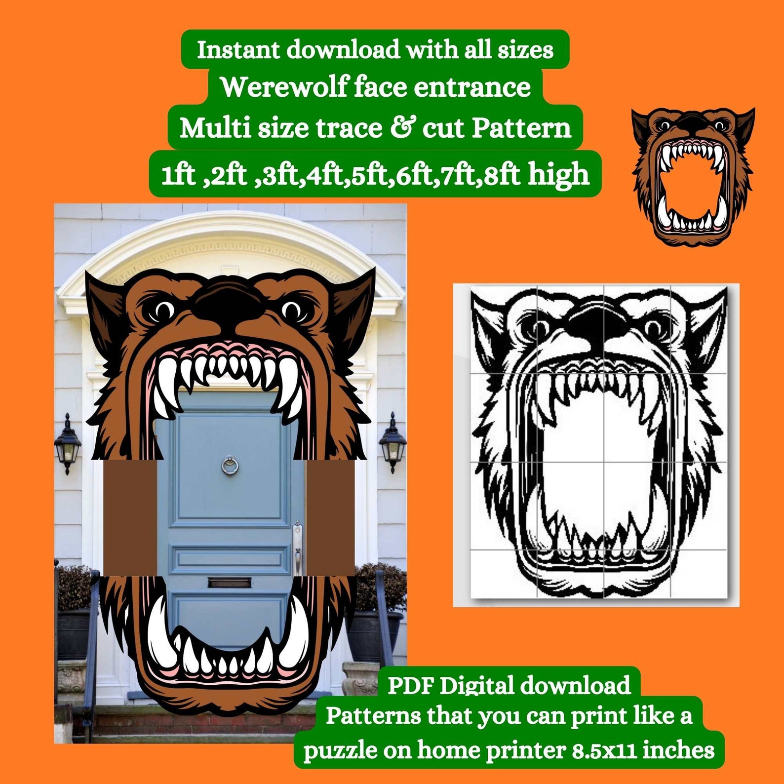 1ft-8ft Life Size Halloween Werewolf Face Gate Entrance,silhouette ...