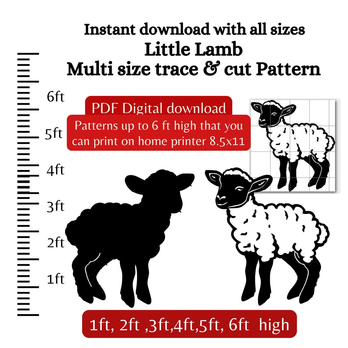 1ft 2ft 3ft 4ft 5ft Life Size Easter Lamb PDF Template ,printable Trace ...