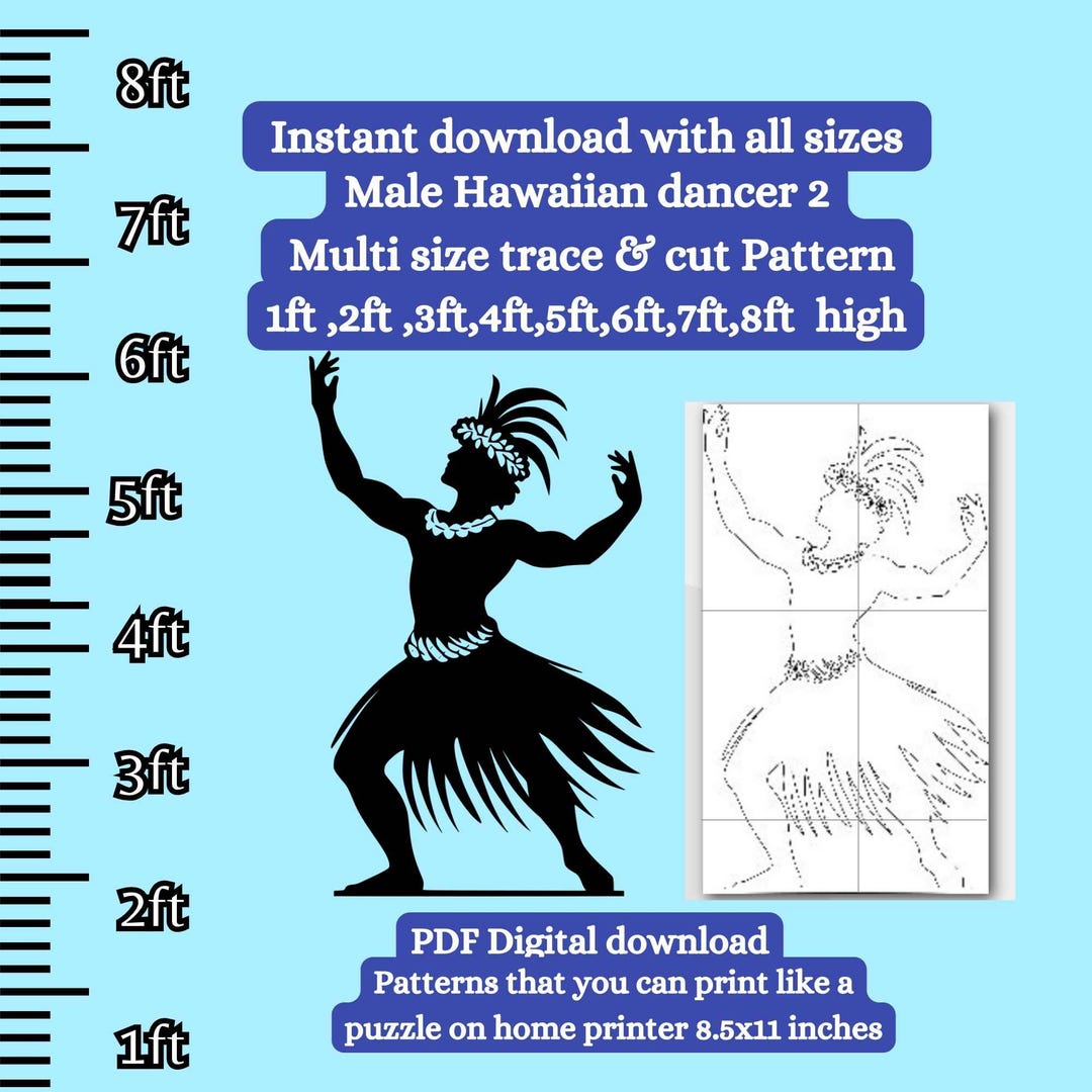 Male Hula Dancer Silhouette Template, Tiki Party Pdf Pattern, Luau Tiki ...