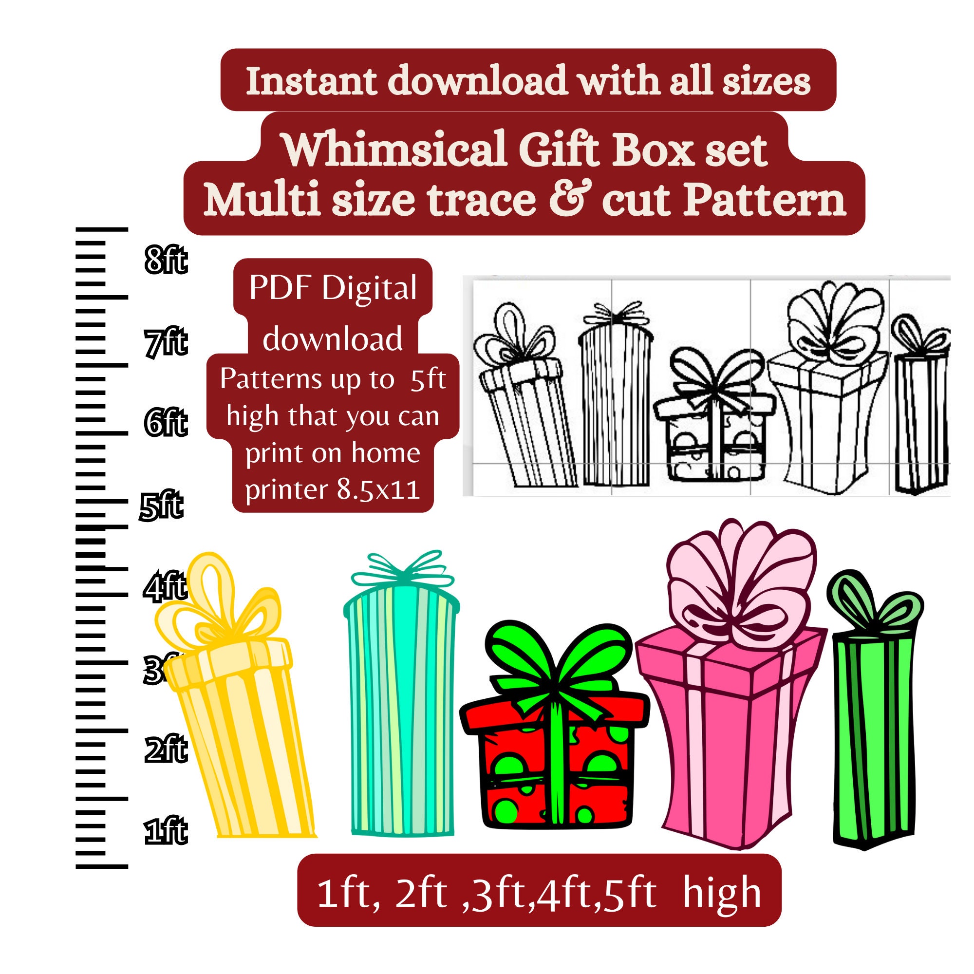 E1 1ft -5ft Gift Box Set, Print Trace and Cut Digital Stencil, Pdf ...