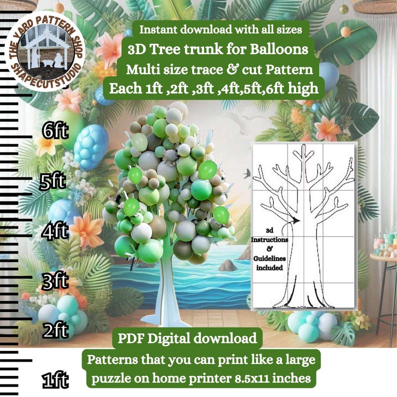 3ft 4ft 5ft 7ft 6ft Standing Balloon Tree Trunk Cutout PDF Template ...