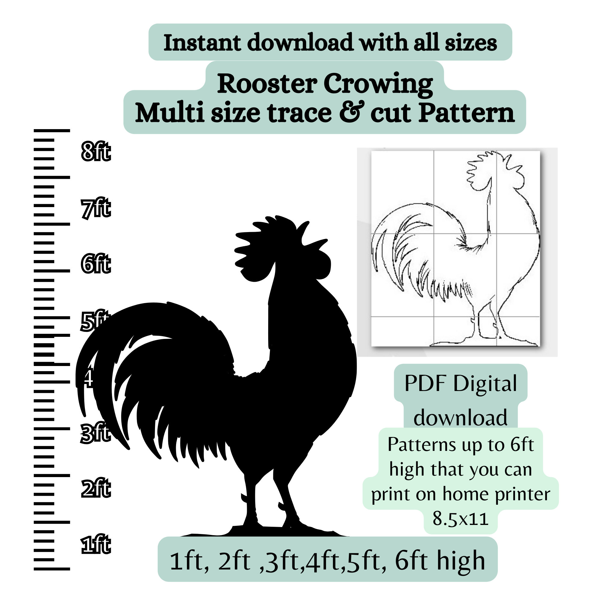 Life Sized Rooster Crowing Silhouette Template Pattern, Ranch Decor ...