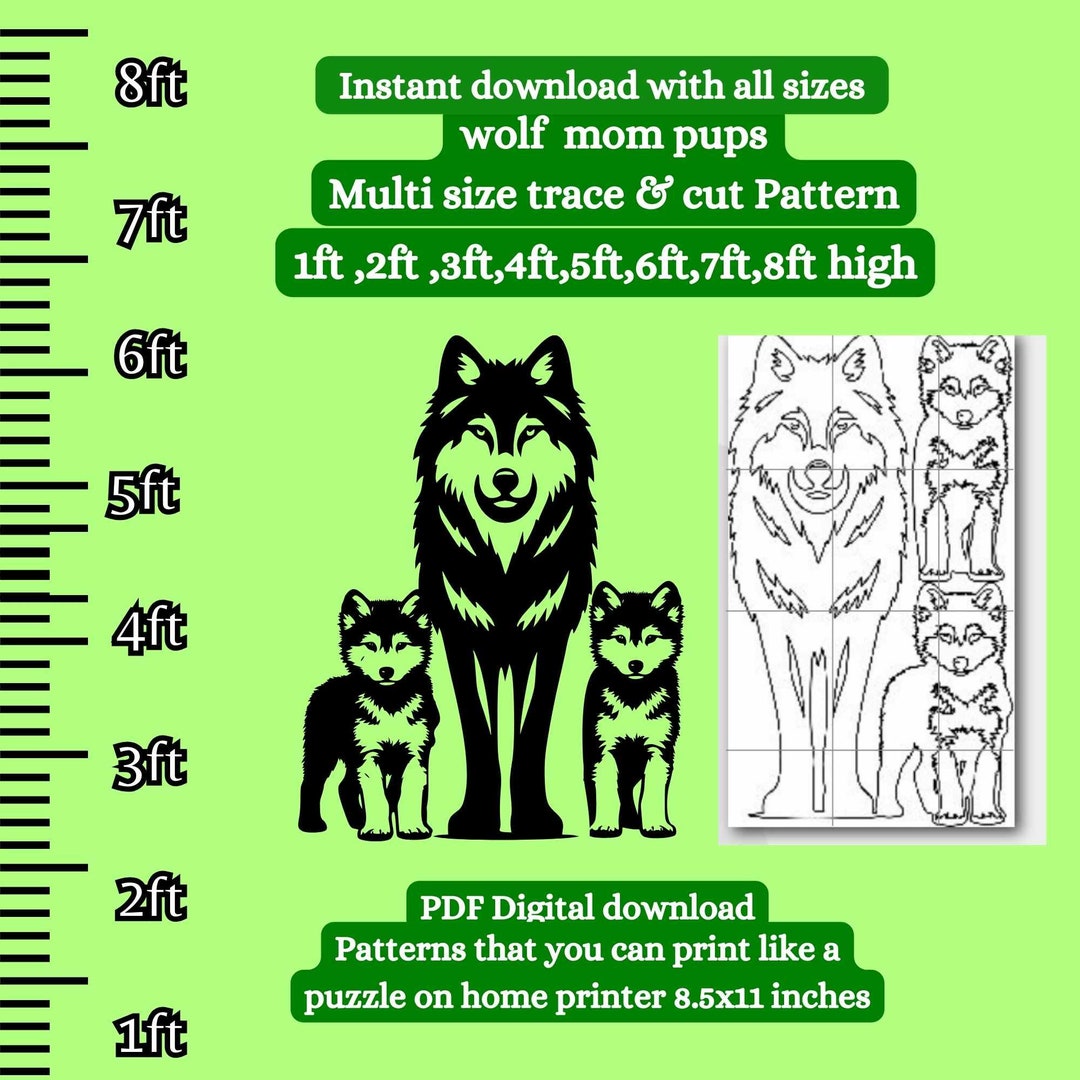 Life Size 1ft to 7ft High Wolf & Cubs Silhouette Printable Trace and ...