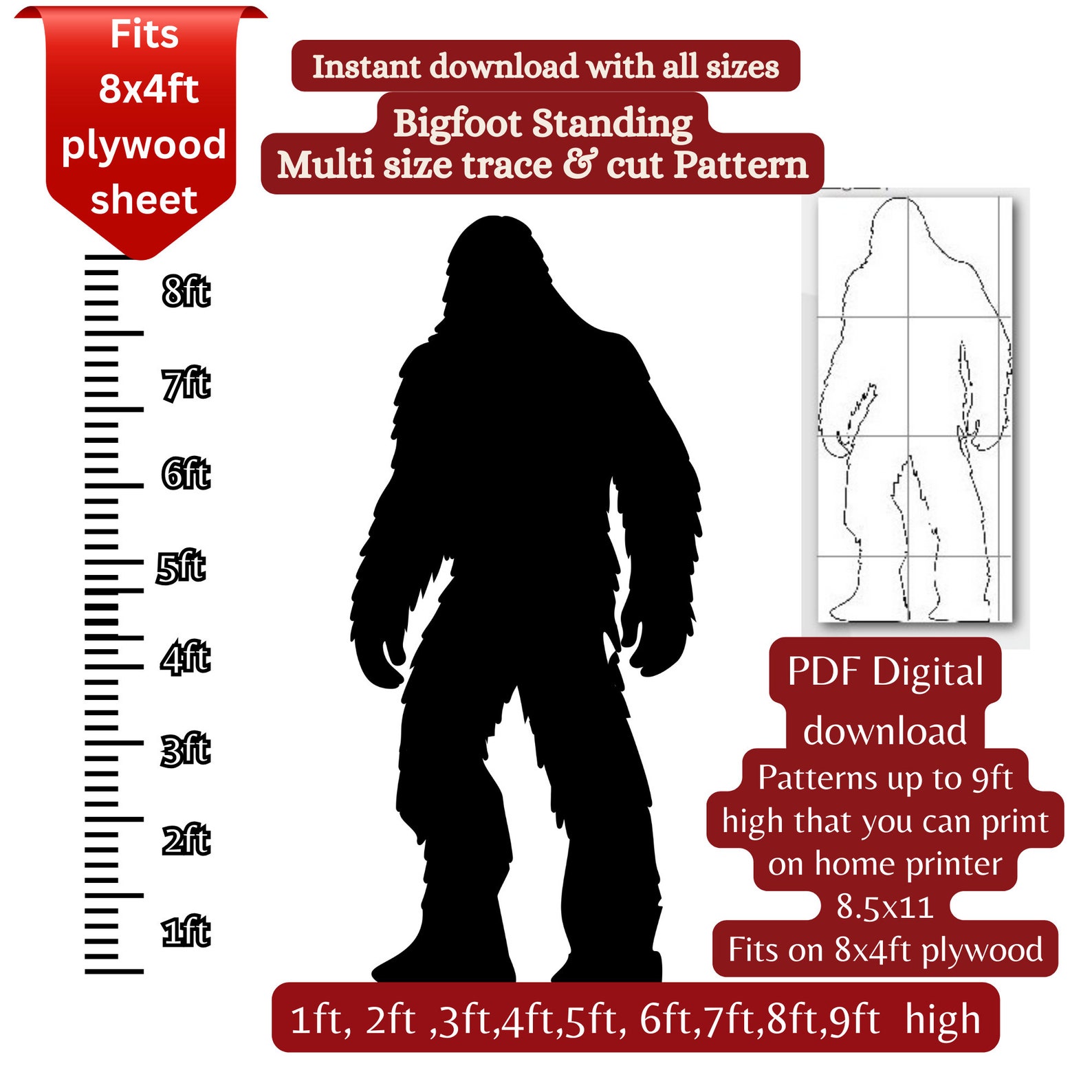 Digital Paper Silhouette Template , Life Size Bigfoot , 8 Ft Sasquatch ...